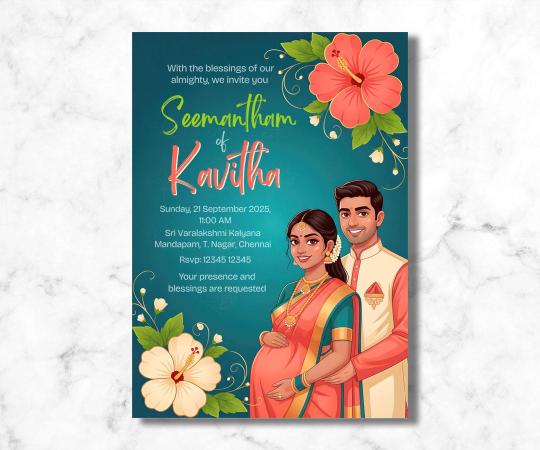 Seemantham Invitation, Teal Green Theme, Hibiscus Floral, South Indian ...