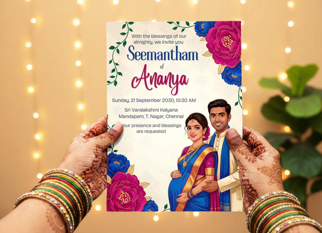 Seemantham Invitation, Blue & Pink Floral, South Indian Baby Shower ...