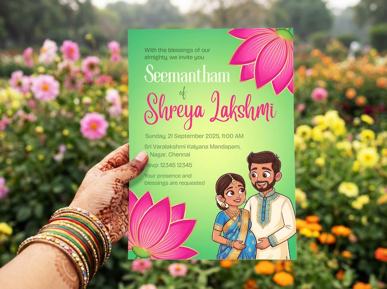 Seemantham Invitation, Green Lotus Theme, South Indian Baby Shower ...