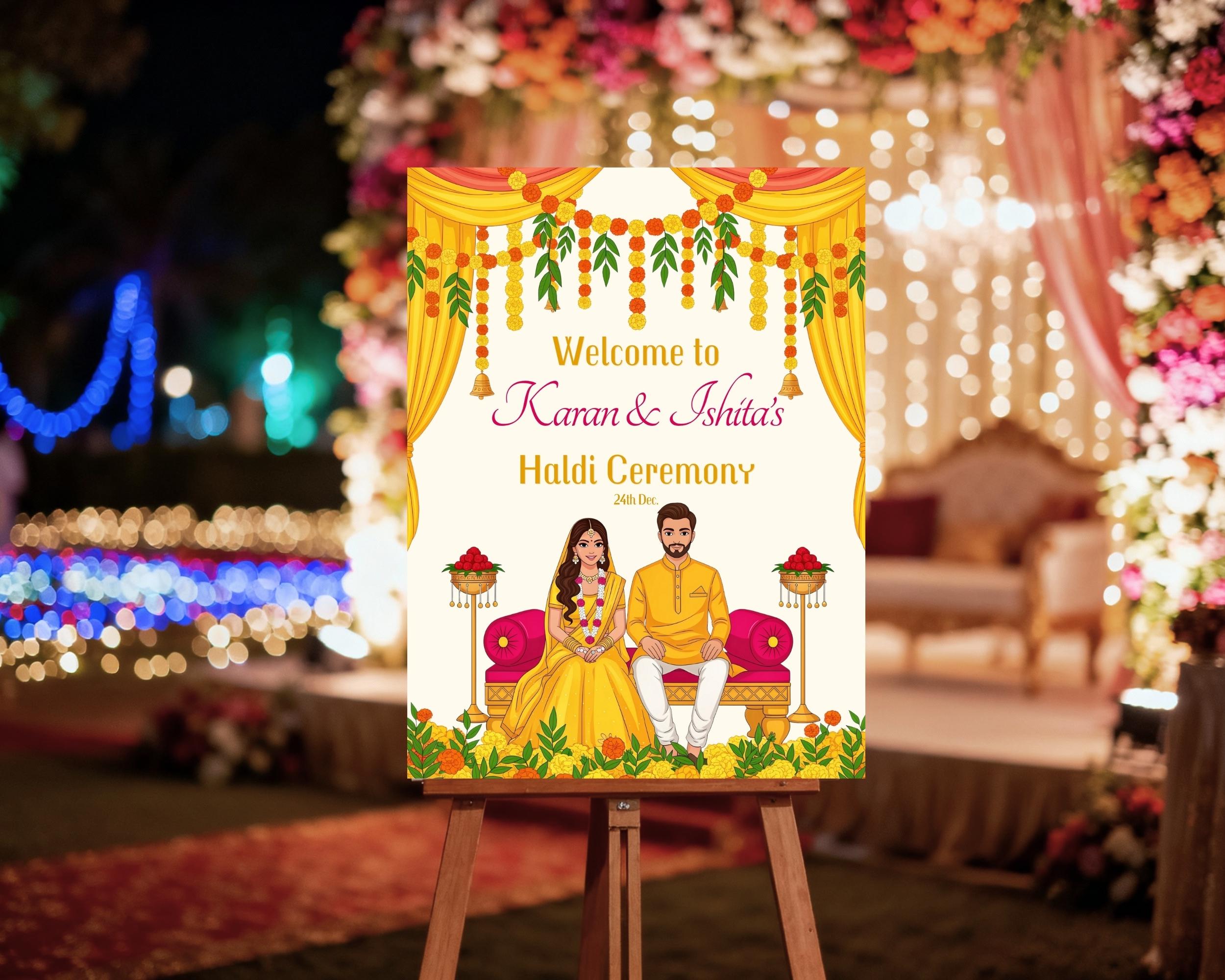 Haldi Ceremony Welcome Sign Illustration | Indian Wedding Haldi Welcome ...