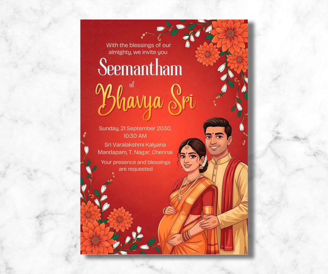Seemantham Invitation, Red Theme, Orange Floral, South Indian Baby ...