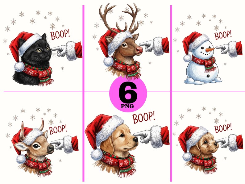 6 Christmas Boop Clipart Set, Cute Santa Reindeer Dog Cat Snowman,funny ...