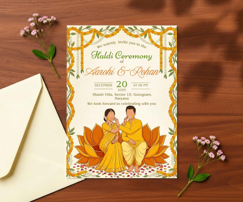 Haldi Ceremony Invitation, Couple Floral Marigold, Indian Wedding ...