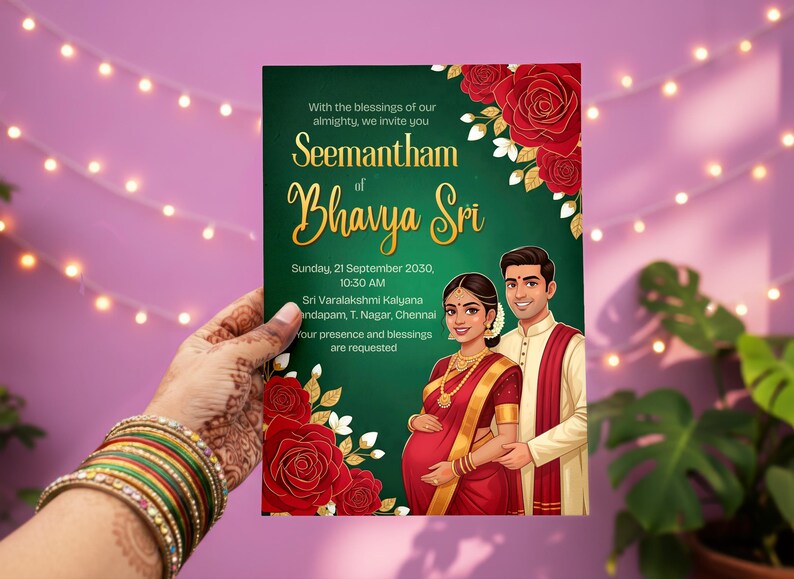 Seemantham Invitation, Green Red Rose Theme, South Indian Baby Shower ...