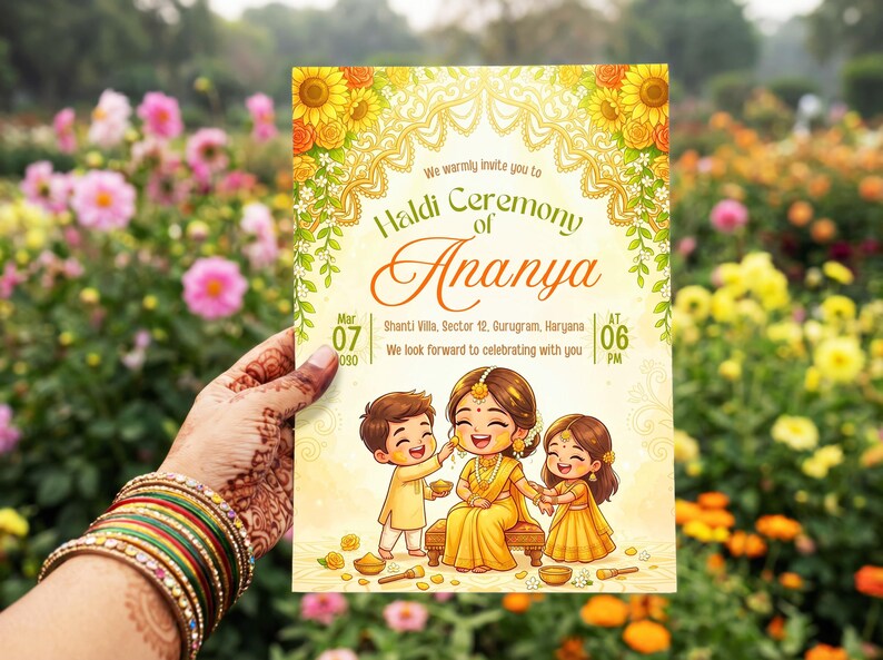 Haldi Ceremony Invitation, Cute Bride With Kids Cartoon, Indian Wedding ...