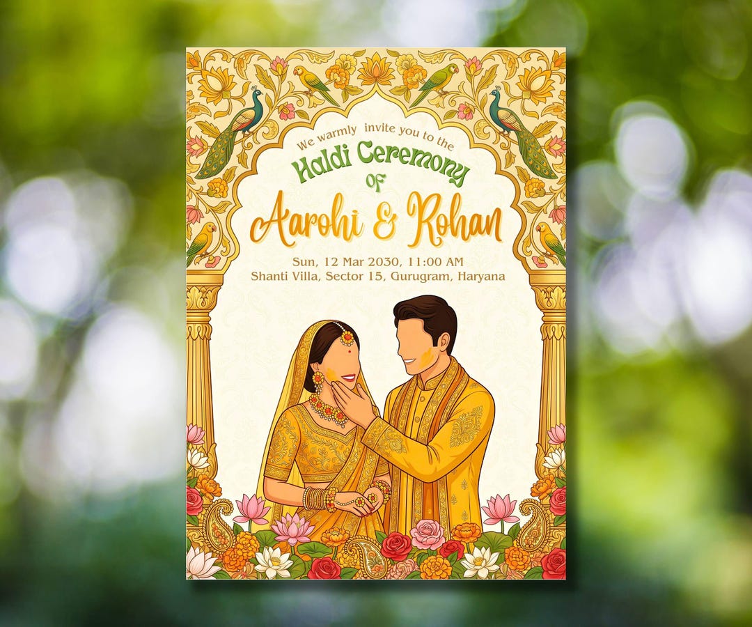 Royal Haldi Ceremony Invitation, Peacock Theme, Yellow Turmeric Card ...