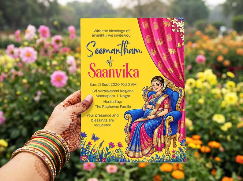 Seemantham Invitation, Yellow Royal Theme, South Indian Baby Shower ...