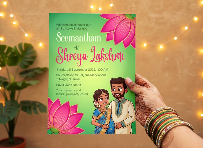 Seemantham Invitation, Green Lotus Theme, South Indian Baby Shower ...