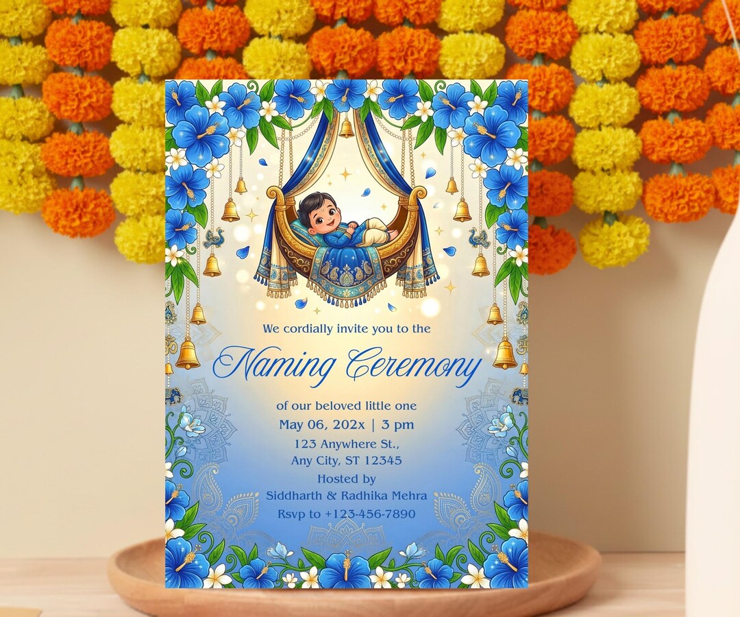 Indian Naming Ceremony Invitation | Blue Swing Namkaran Card Canva ...