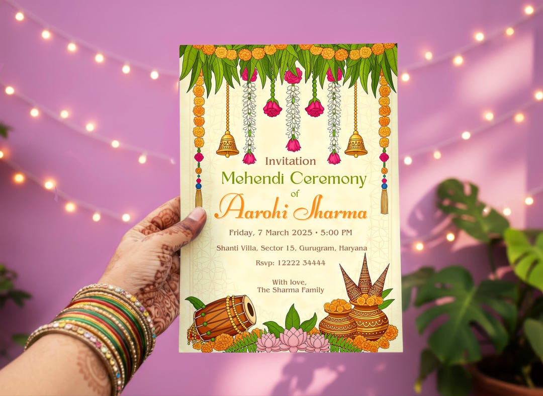 Traditional Mehendi Invitation, Mango Leaves & Bells, Marigold Decor ...