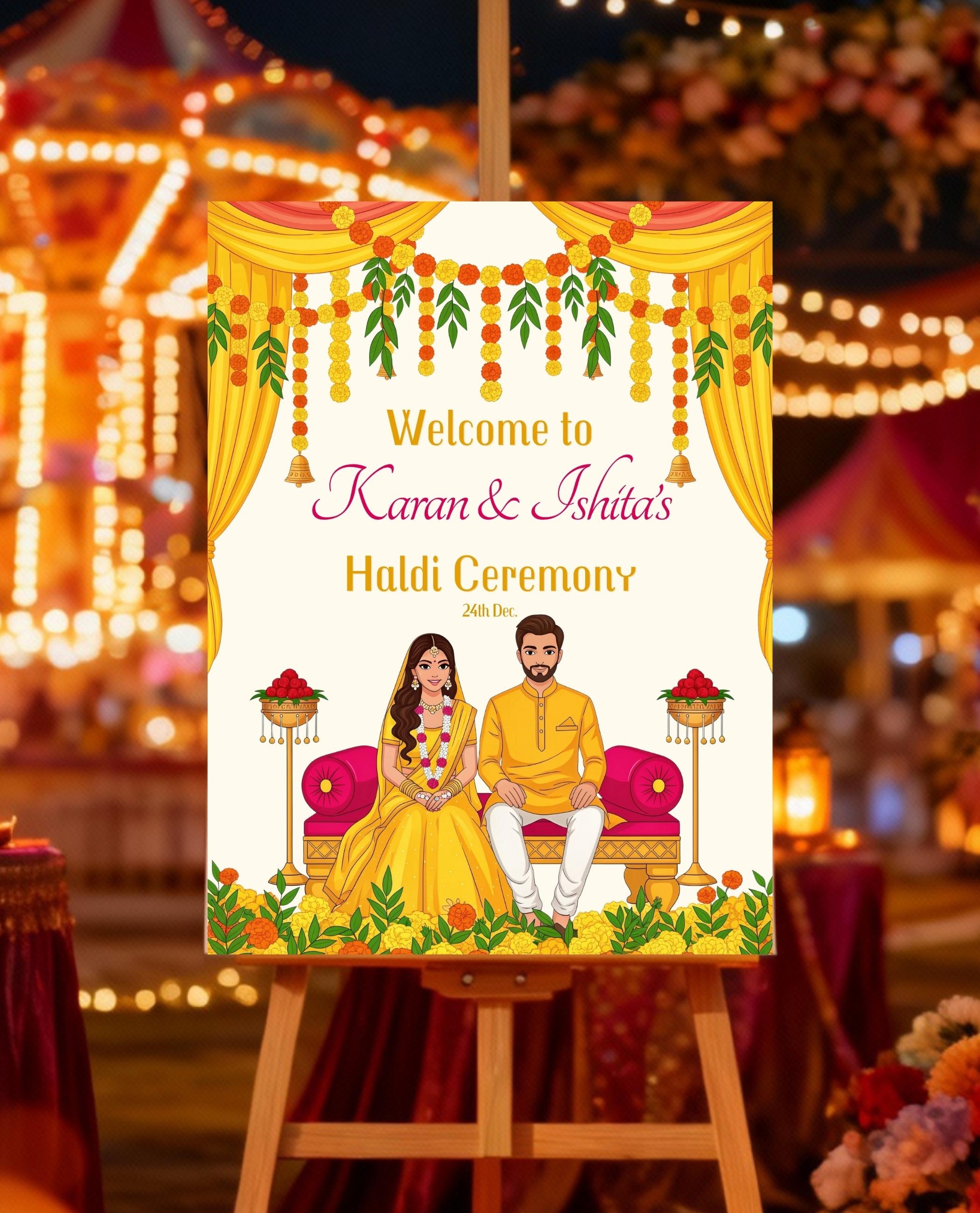 Haldi Ceremony Welcome Sign Illustration | Indian Wedding Haldi Welcome ...