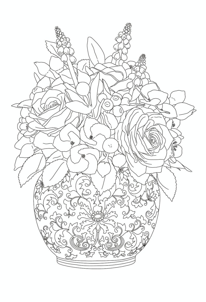 10 Floral Arrangement Coloring Pages for Adults, Printable Coloring ...
