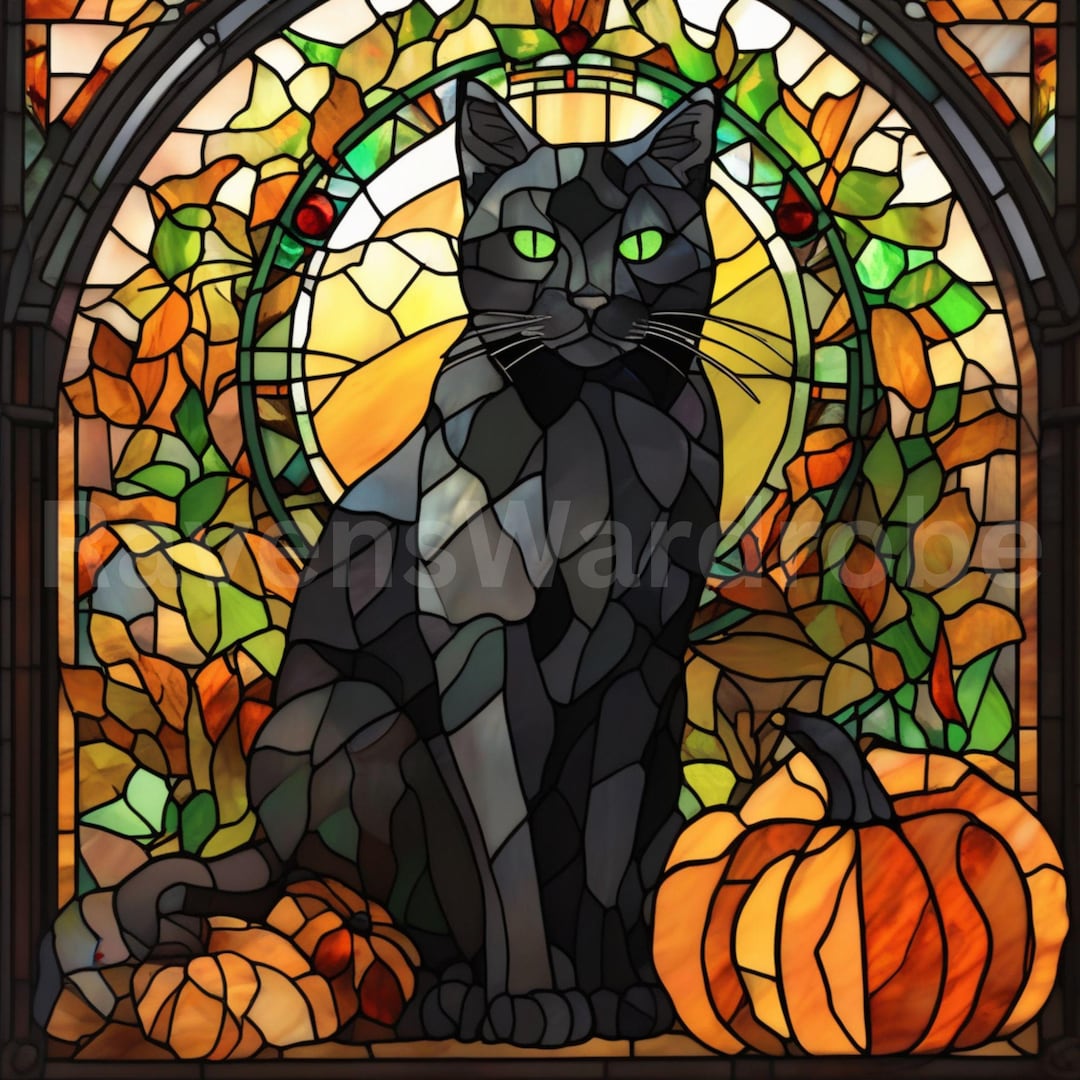 Stained Glass Black Cat Fall PNG - Etsy
