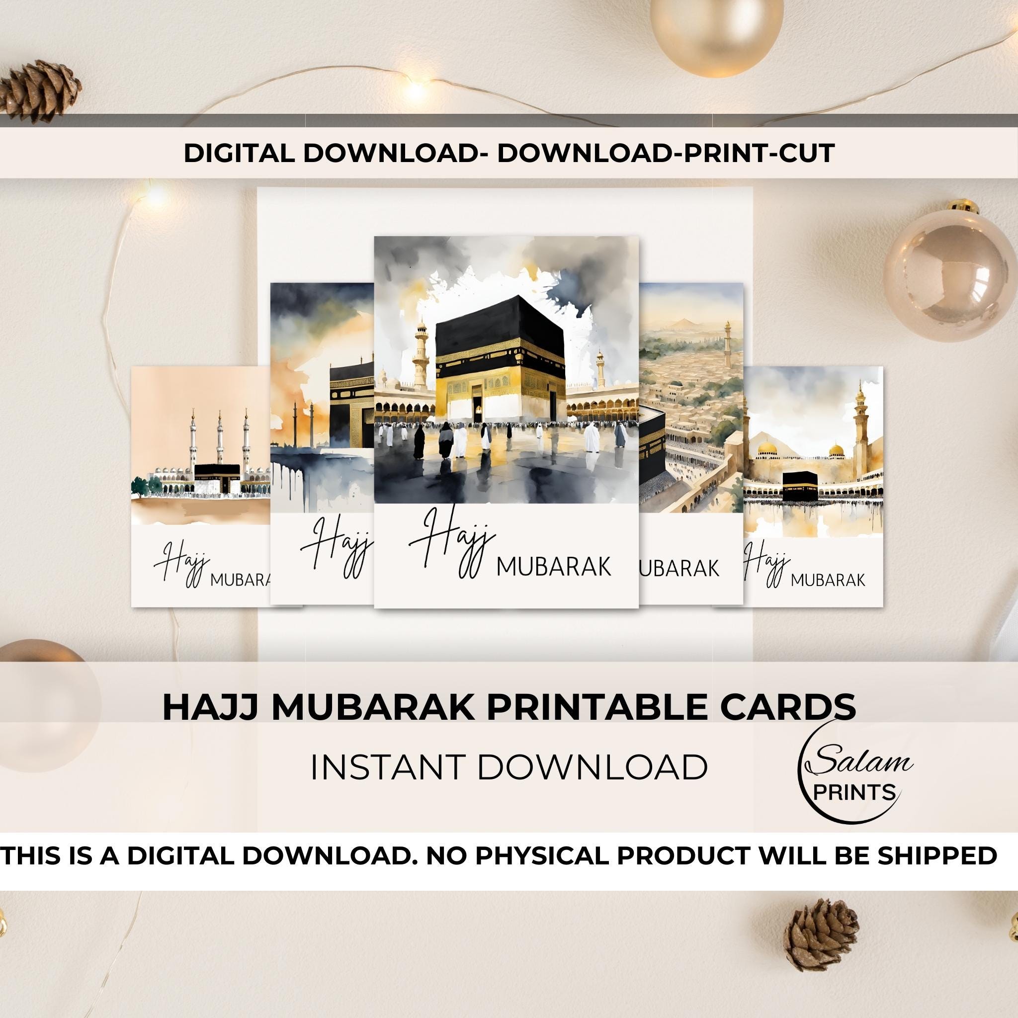 Hajj Mubarak Card Set of 6 Watercolor Kaaba Print Poster Islamic Gift ...
