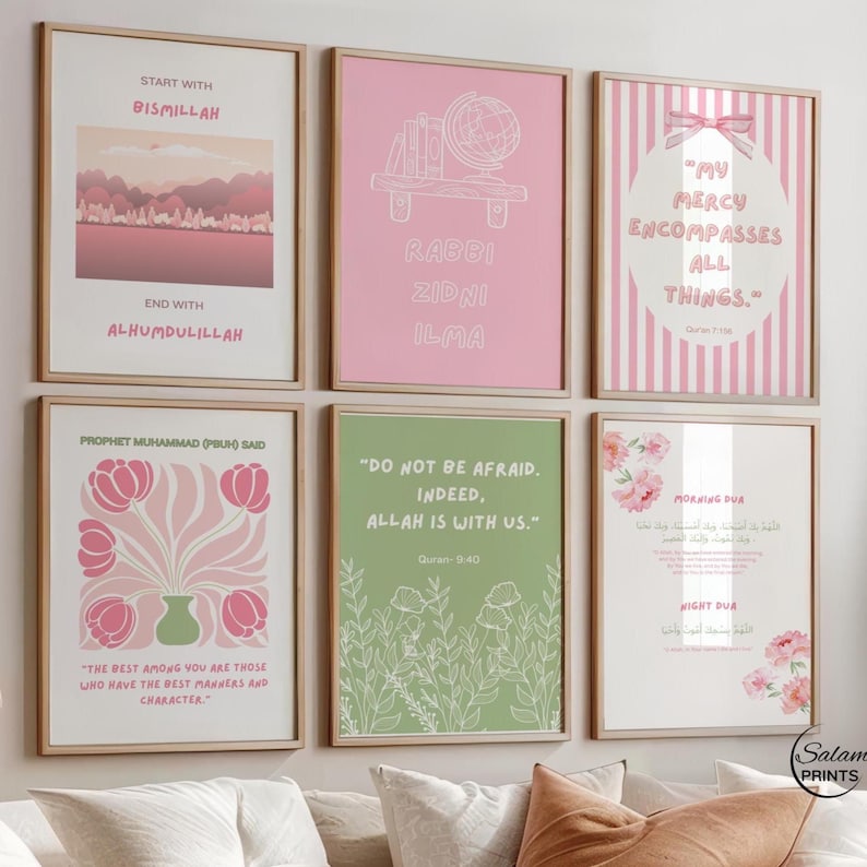 Set of 6 Islamic Nursery Wall Art Preppy Pink Girl Room Decor, Kids ...