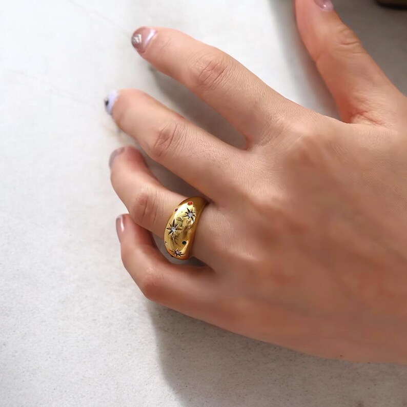 18K Gold Dome Stars Ring, Chunky Dome Stars Ring, Irregular Thick Ring ...