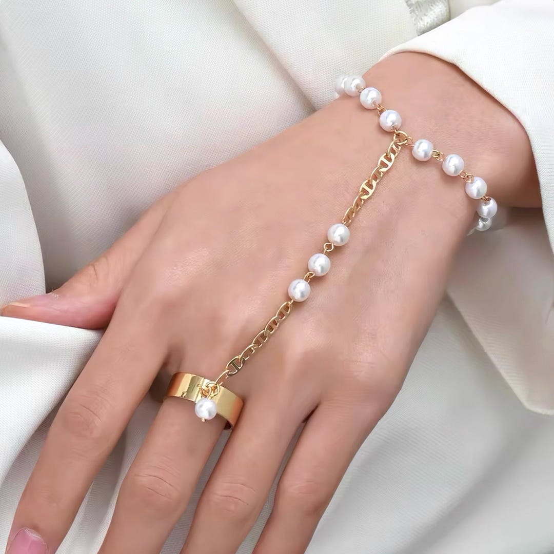 Pearl Hand Chain, Pearl Beaded Hand Chain Bracelet, Gold Chain Bracelet ...