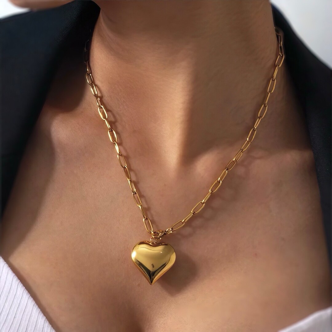 Gold Puffed Heart Pendant, Chunky Heart Necklace, Puffed Heart Pendant ...