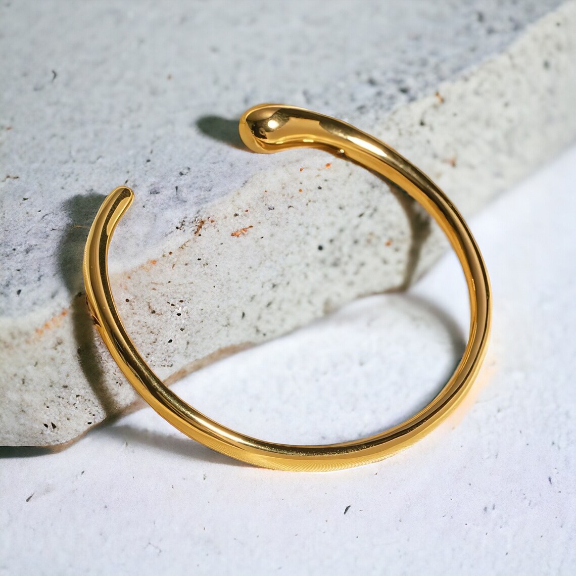 Open Minimal Cuff Bracelet, Slim Chunky End Gold Cuff Bracelet, Open Bangle, Classic Slip on ...