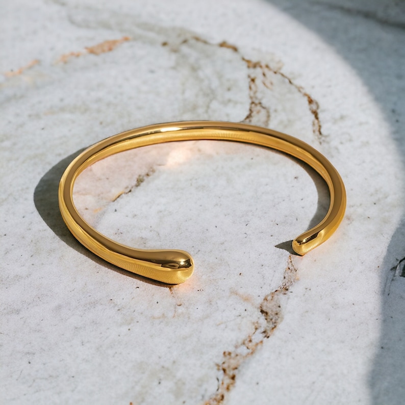 Open Minimal Cuff Bracelet, Slim Chunky End Gold Cuff Bracelet, Open Bangle, Classic Slip on ...