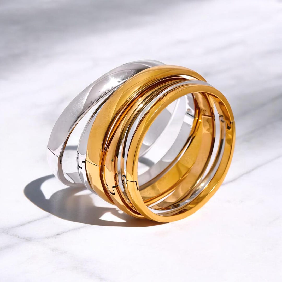 Gold Thick Round Bangles, Silver Classic Bangle, Slip-on Bracelet, 3 ...