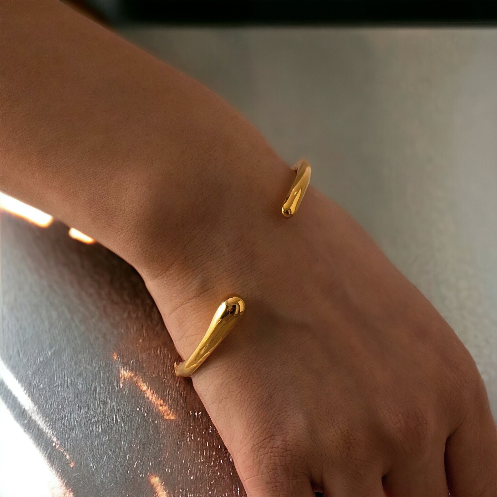 Open Minimal Cuff Bracelet, Slim Chunky End Gold Cuff Bracelet, Open ...