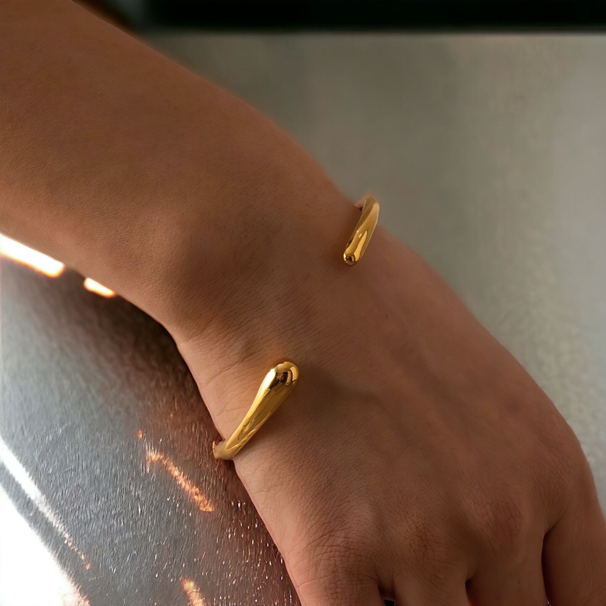Open Minimal Cuff Bracelet, Slim Chunky End Gold Cuff Bracelet, Open Bangle, Classic Slip on ...