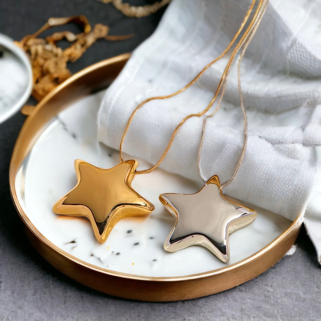 Chunky Star Necklace, Gold Puffy Star Necklace, Silver Stainless Steel ...