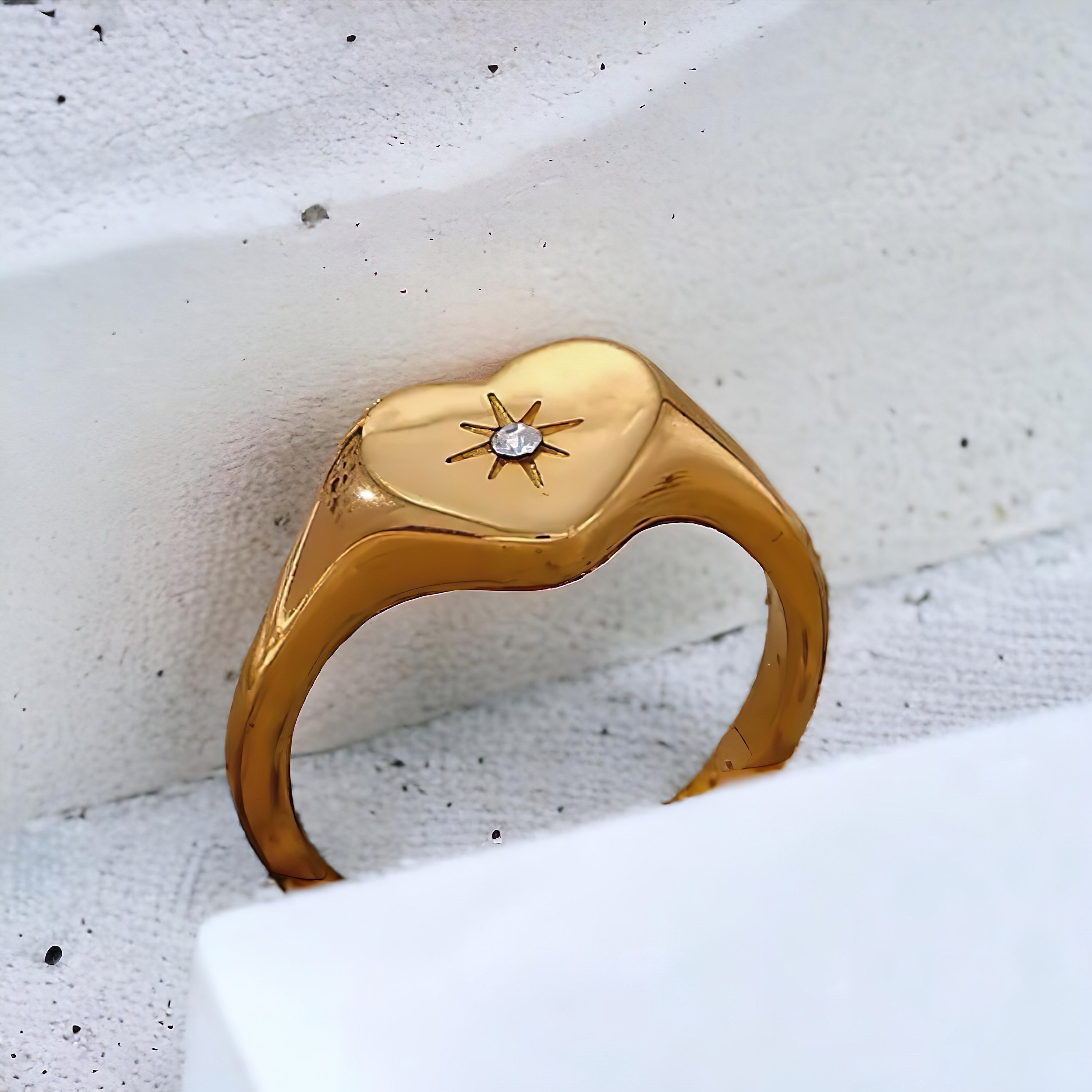 Gold Heart Crystal Ring, Heart Signet Ring With Stone, Dainty Heart ...
