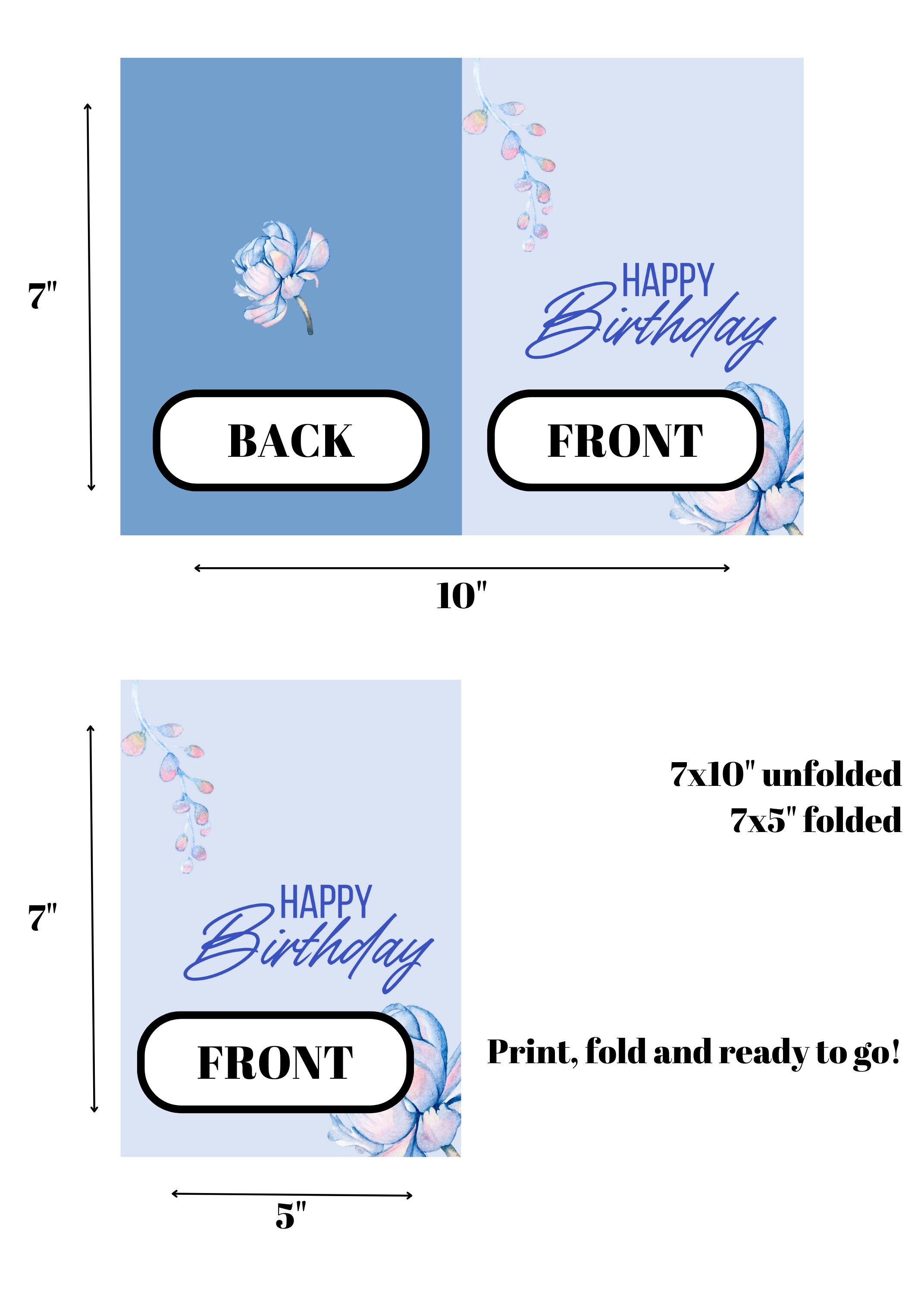 Blue Floral Printable Birthday Card Greeting Card Happy Birthday Card ...