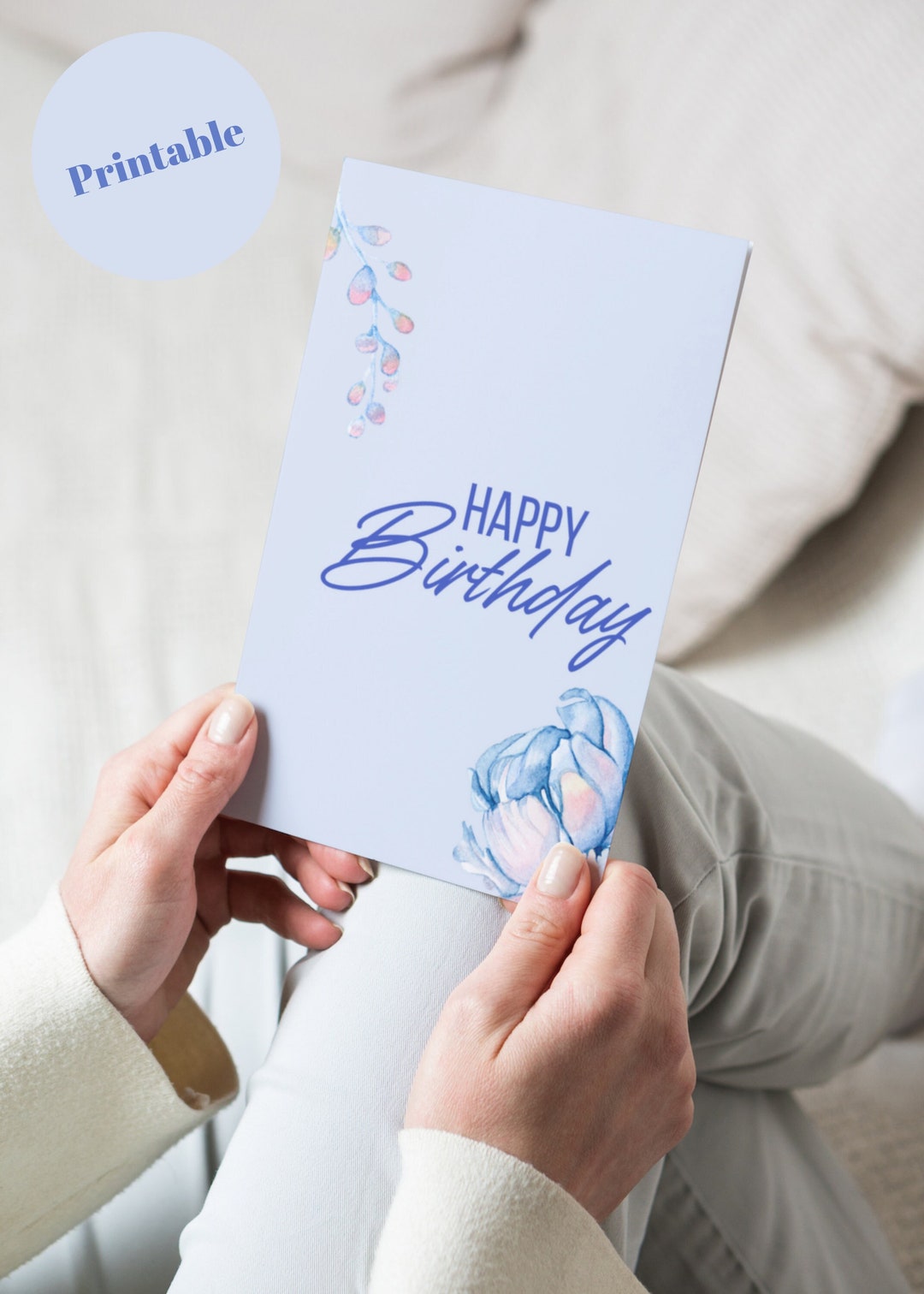 Blue Floral Printable Birthday Card Greeting Card Happy Birthday Card ...