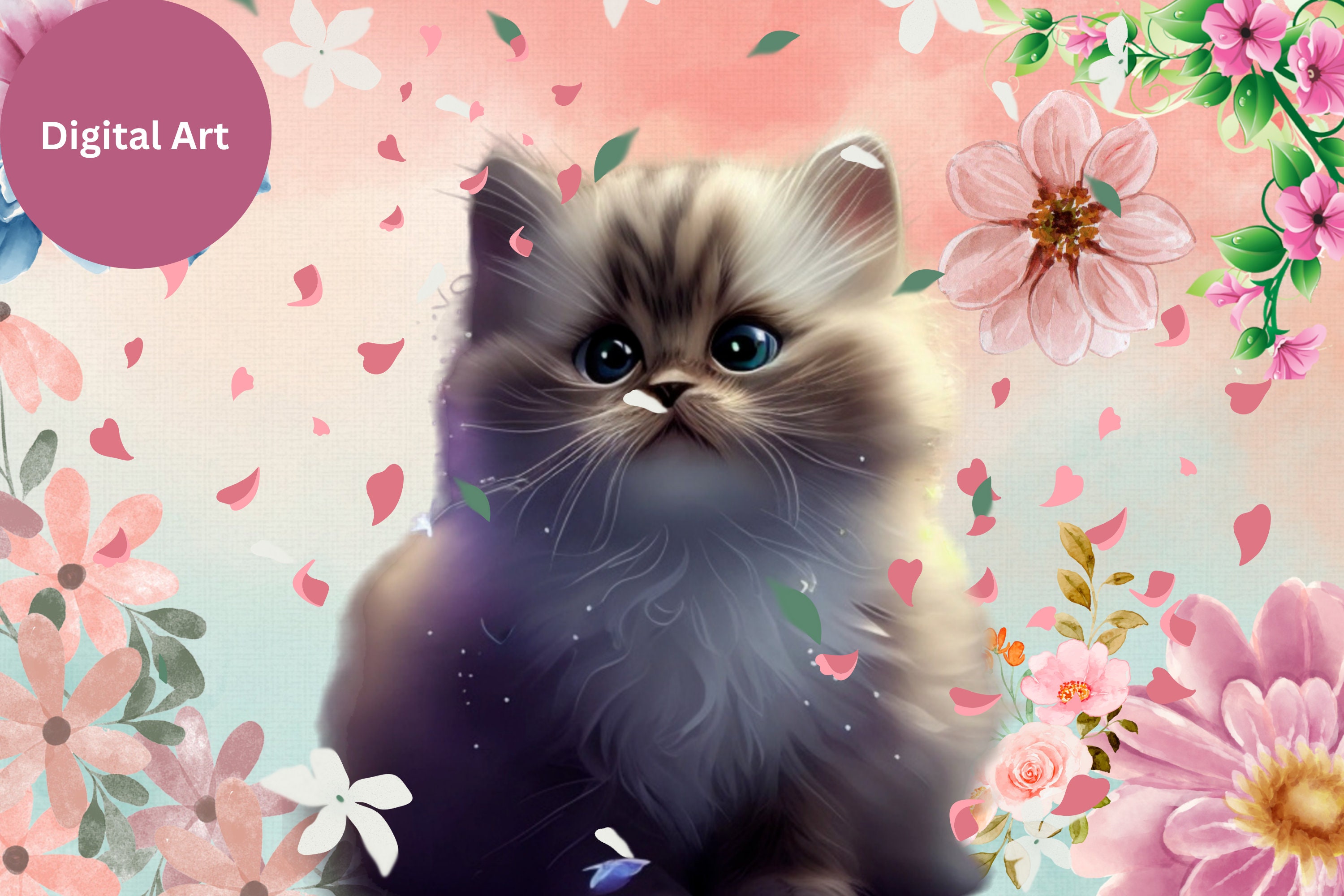 Whimsical Cute Cat Digital Art Print, Printable Wall Art Design, Kawaii ...