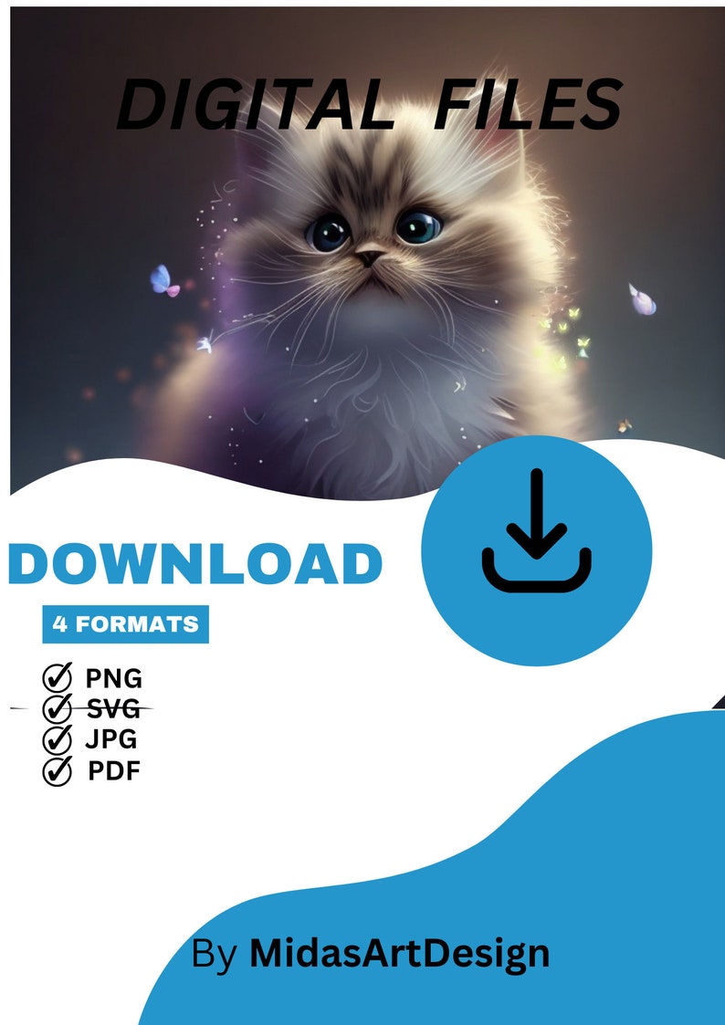 Whimsical Cute Cat Digital Art Print, Printable Wall Art Design, Kawaii ...