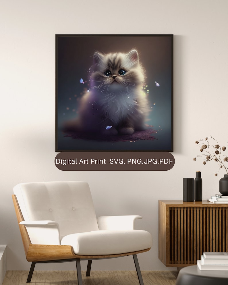 Whimsical Cute Cat Digital Art Print, Printable Wall Art Design, Kawaii ...