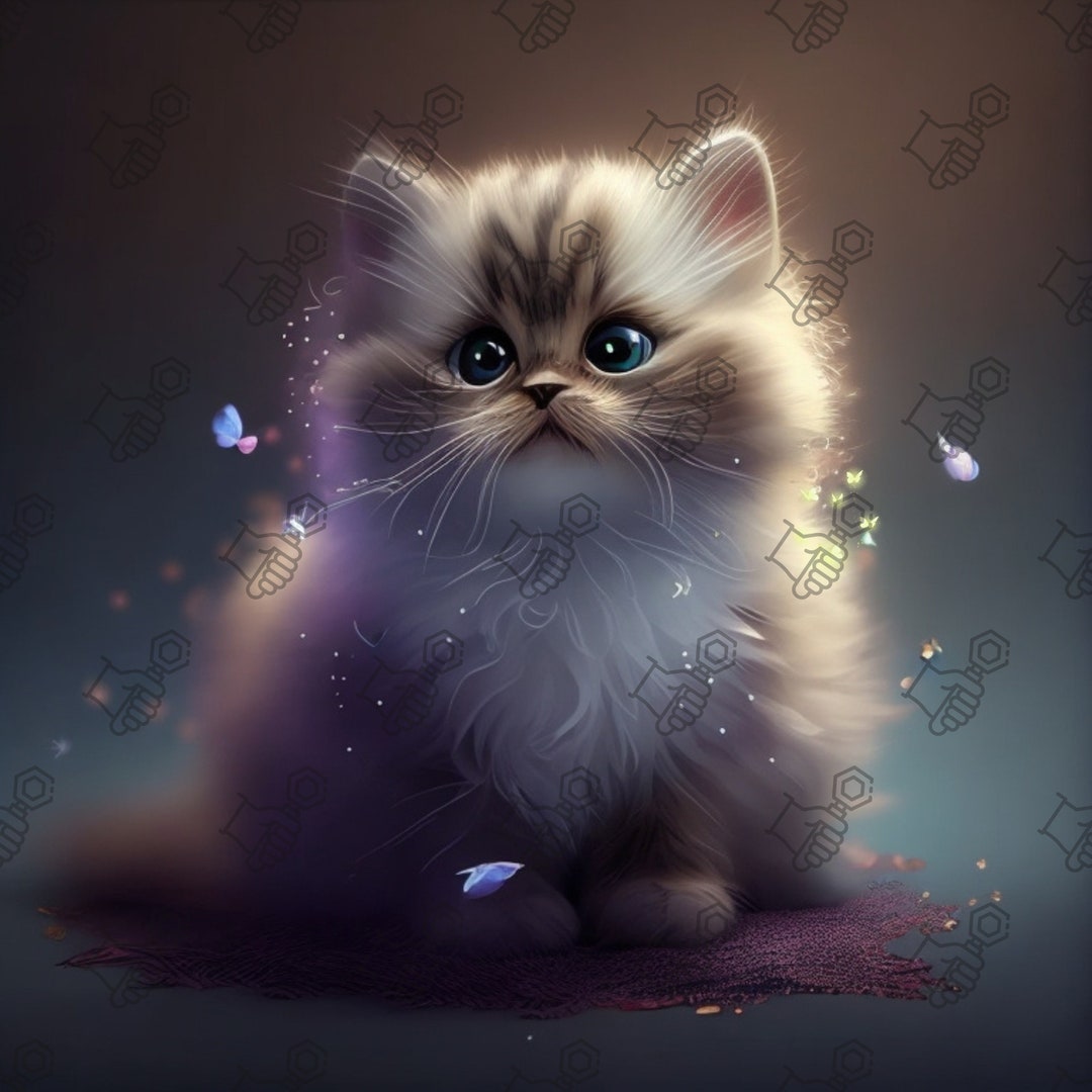 Whimsical Cute Cat Digital Art Print, Printable Wall Art Design, Kawaii ...