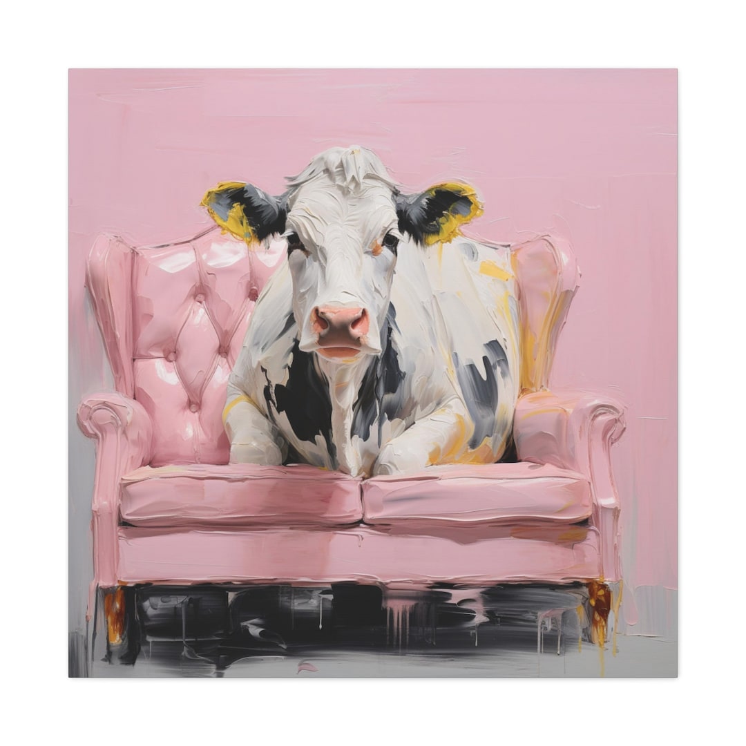 Cow on a Pink Couch Canvas, Cow Decor, Cow Painting, Cow Couch Print ...