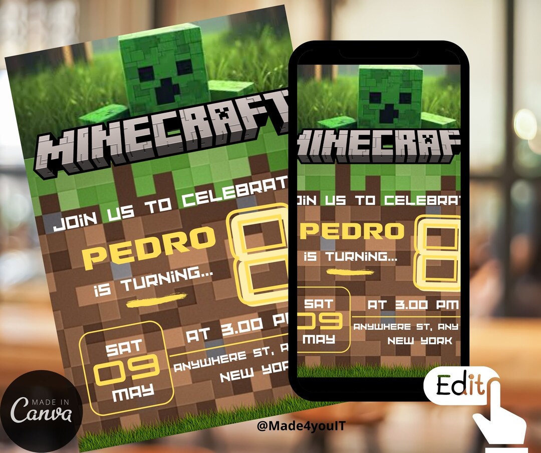 Editable Minecraft Themed Children's Party Invitation, Customizable and ...