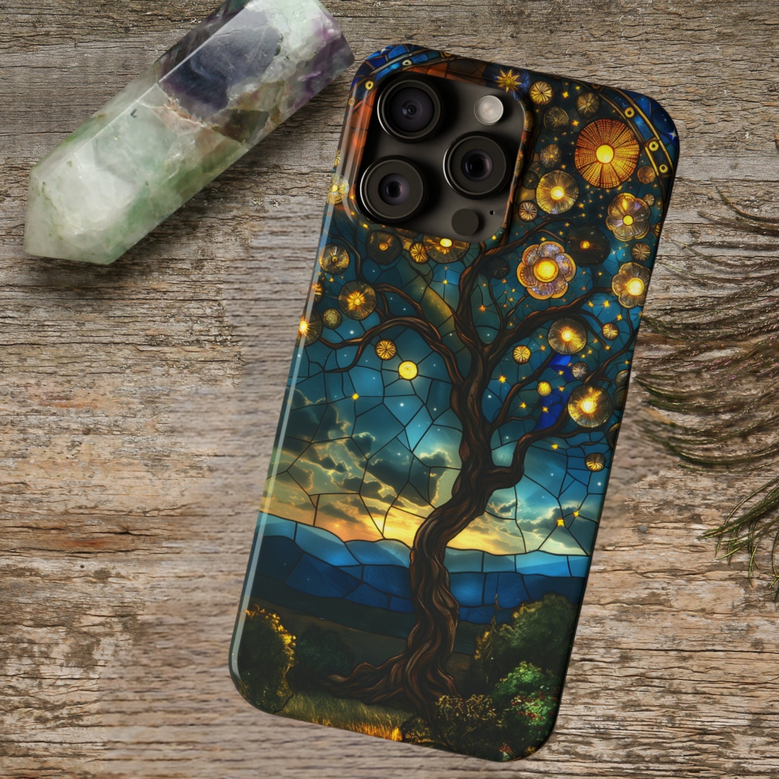 Stained Glass Tree and Starry Sky Phone Case, iPhone 15 Stain Glass ...