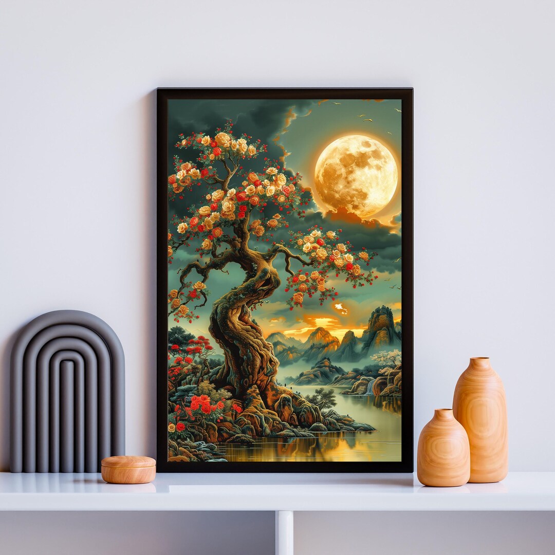 Large Framed Full Moon Tree Wall Art, Tree at Sunset, Living Room Decor ...