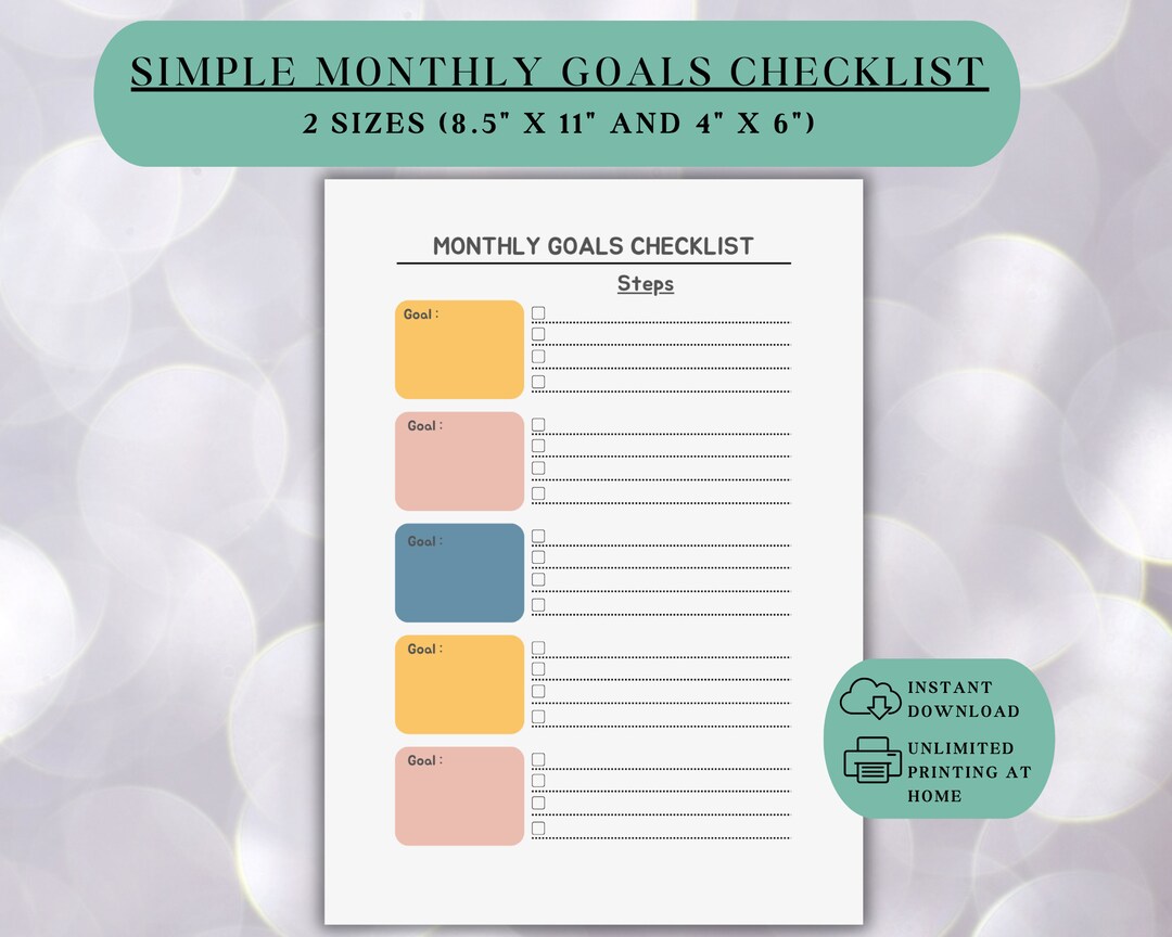 Monthly Goals Checklist: Printable Accountability Worksheet (digital ...