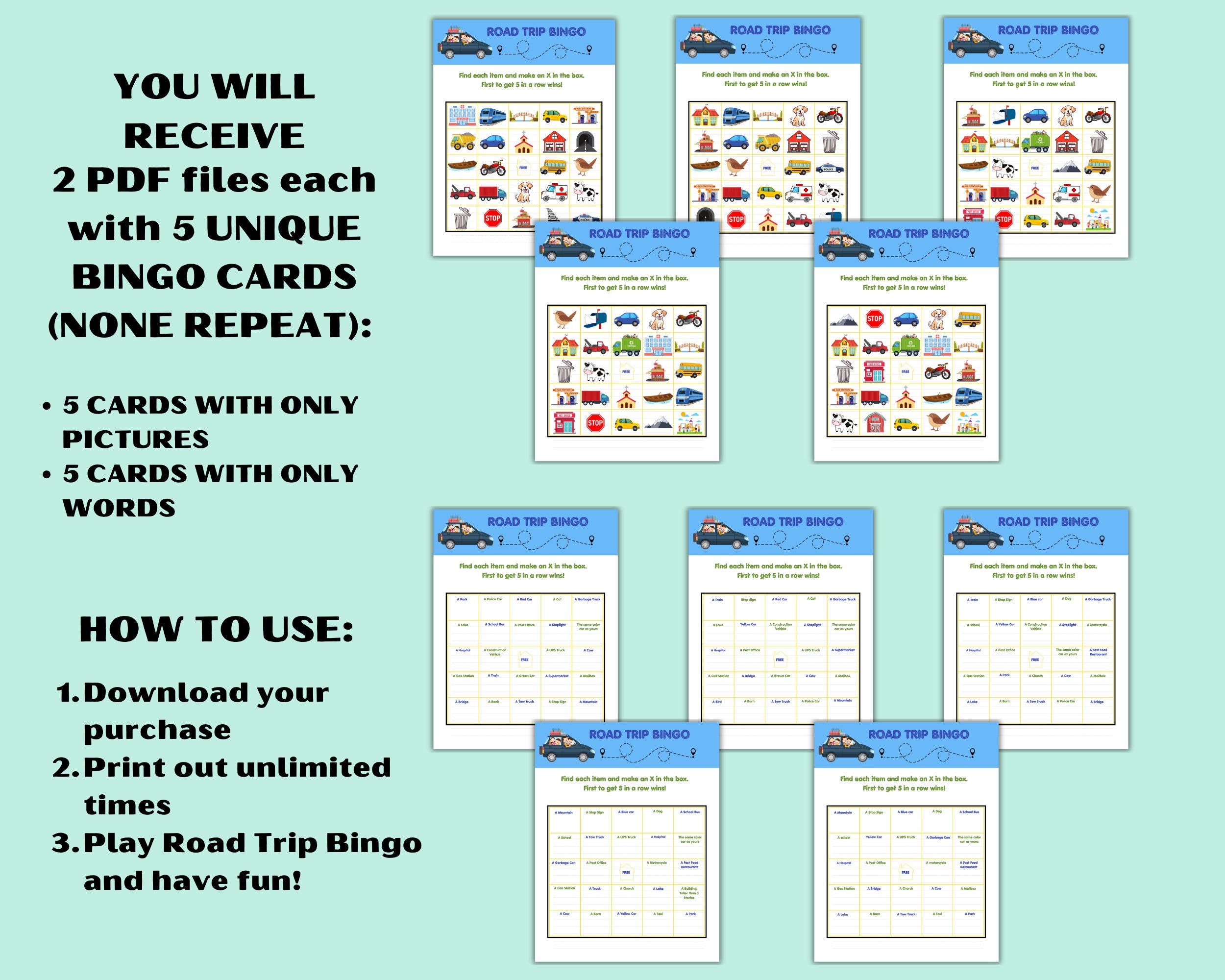 Kids Road Trip Bingo, Car Scavenger Hunt, Car Trip Games for Kids, Fun ...