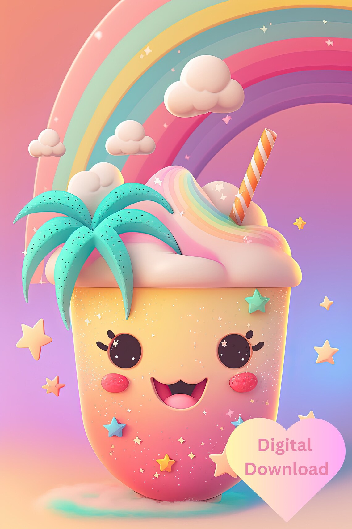 Kawaii Tropical Rainbow Boba Tea Illustration Digital Art Print ...