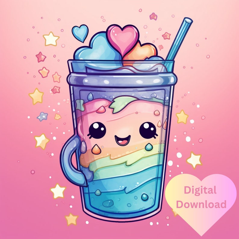 Kawaii Rainbow Boba Tea Illustration Digital Art Print | Downloadable ...