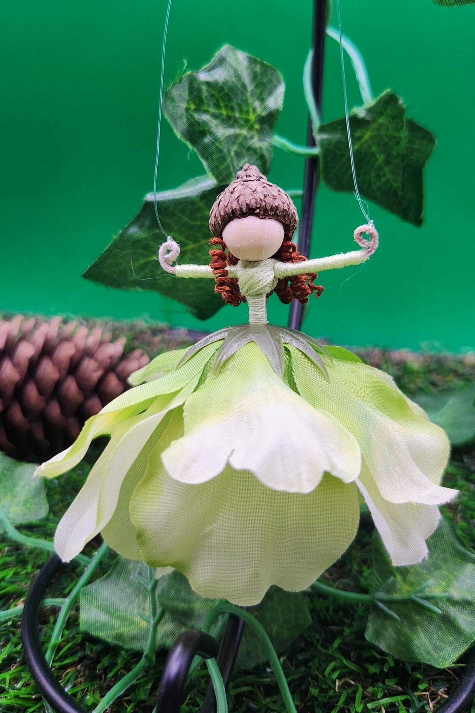 Whimsical Handmade Green Flower Leaves Fairy Doll With Auburn Red Curly ...