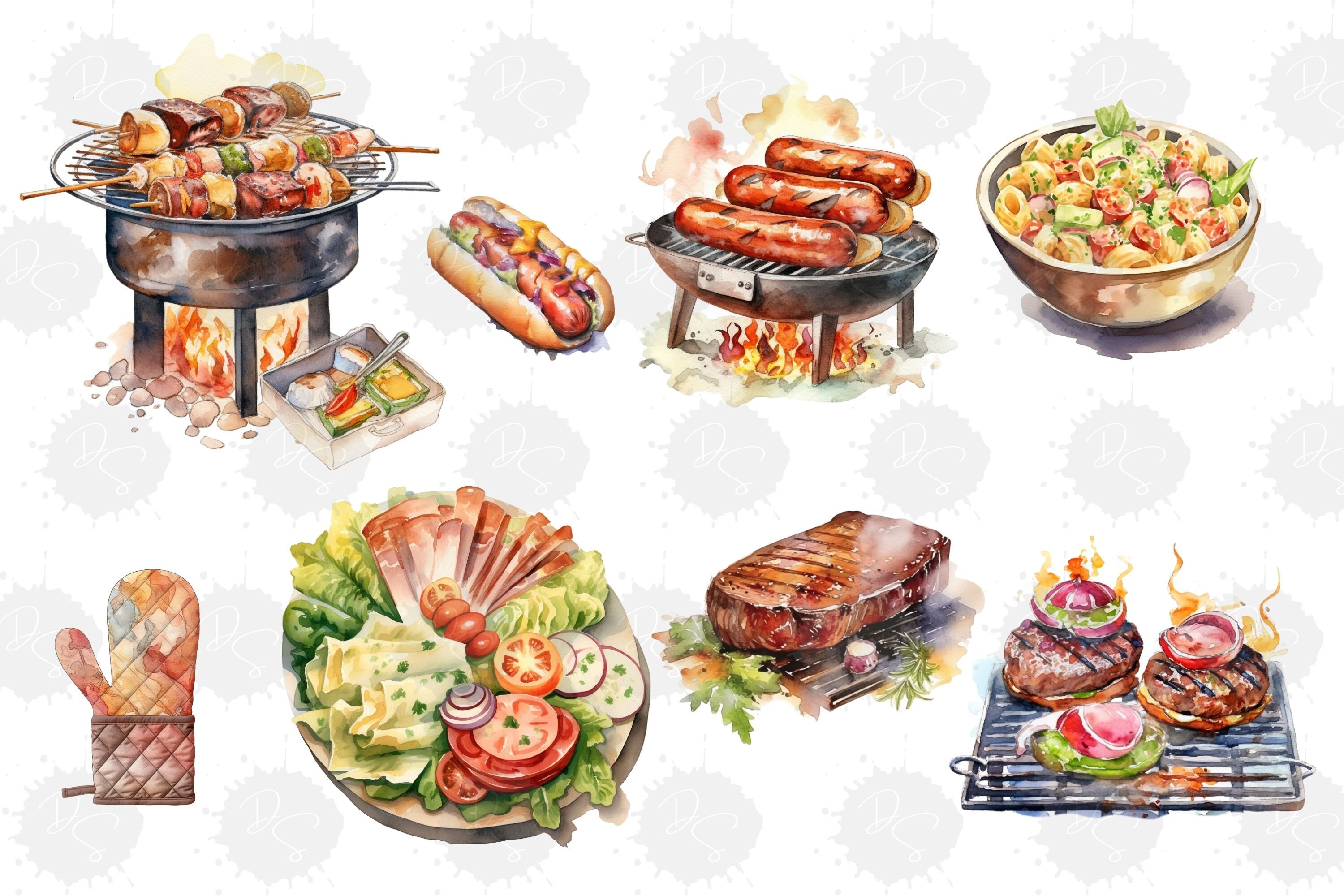 BBQ Clip Art, Barbecue Party, Watercolor BBQ, Grill Clipart, Picnic ...