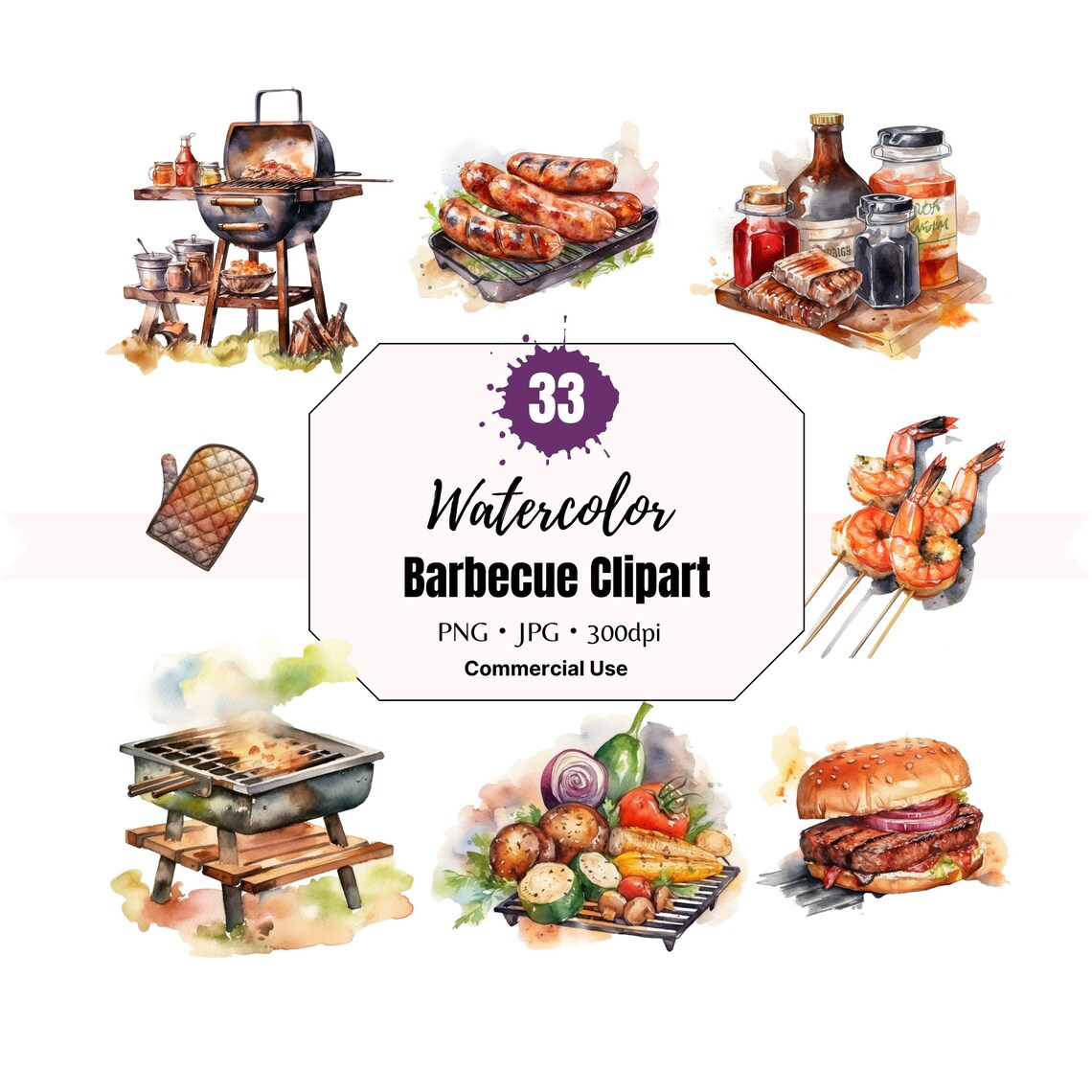 BBQ Clip Art, Barbecue Party, Watercolor BBQ, Grill Clipart, Picnic ...