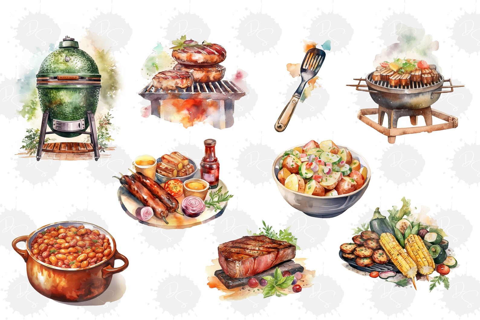 BBQ Clip Art, Barbecue Party, Watercolor BBQ, Grill Clipart, Picnic ...