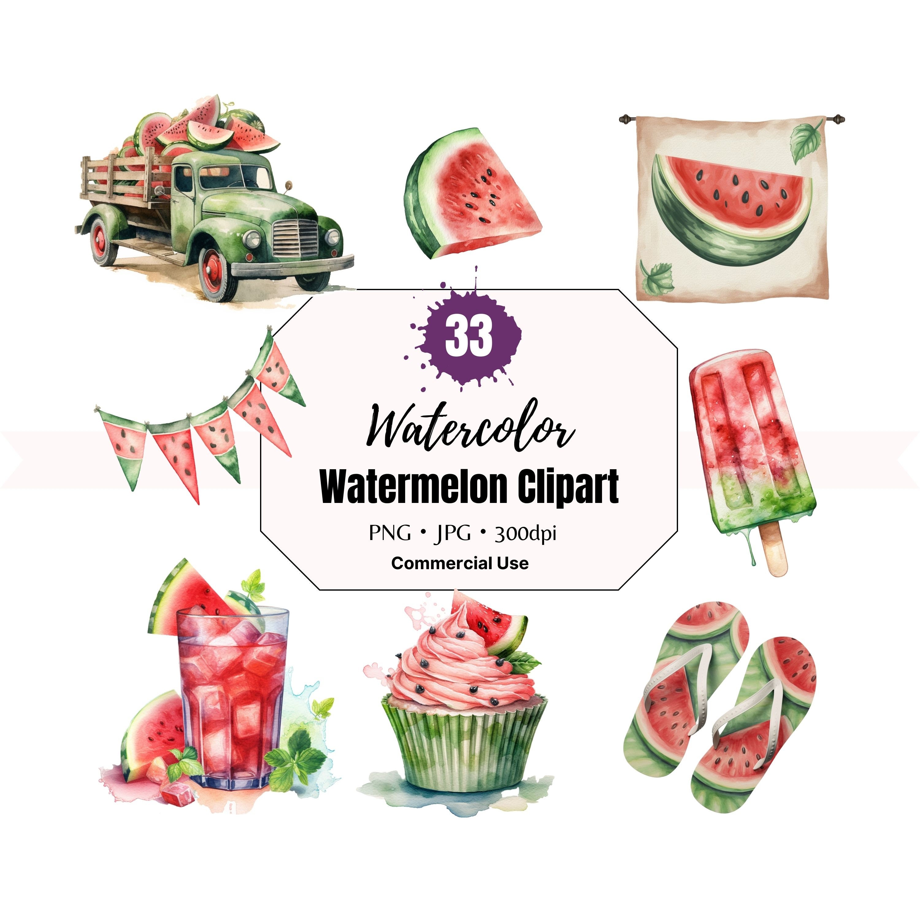 Watermelon Clip Art Watercolor, Watermelon Watercolor Clipart, Summer ...
