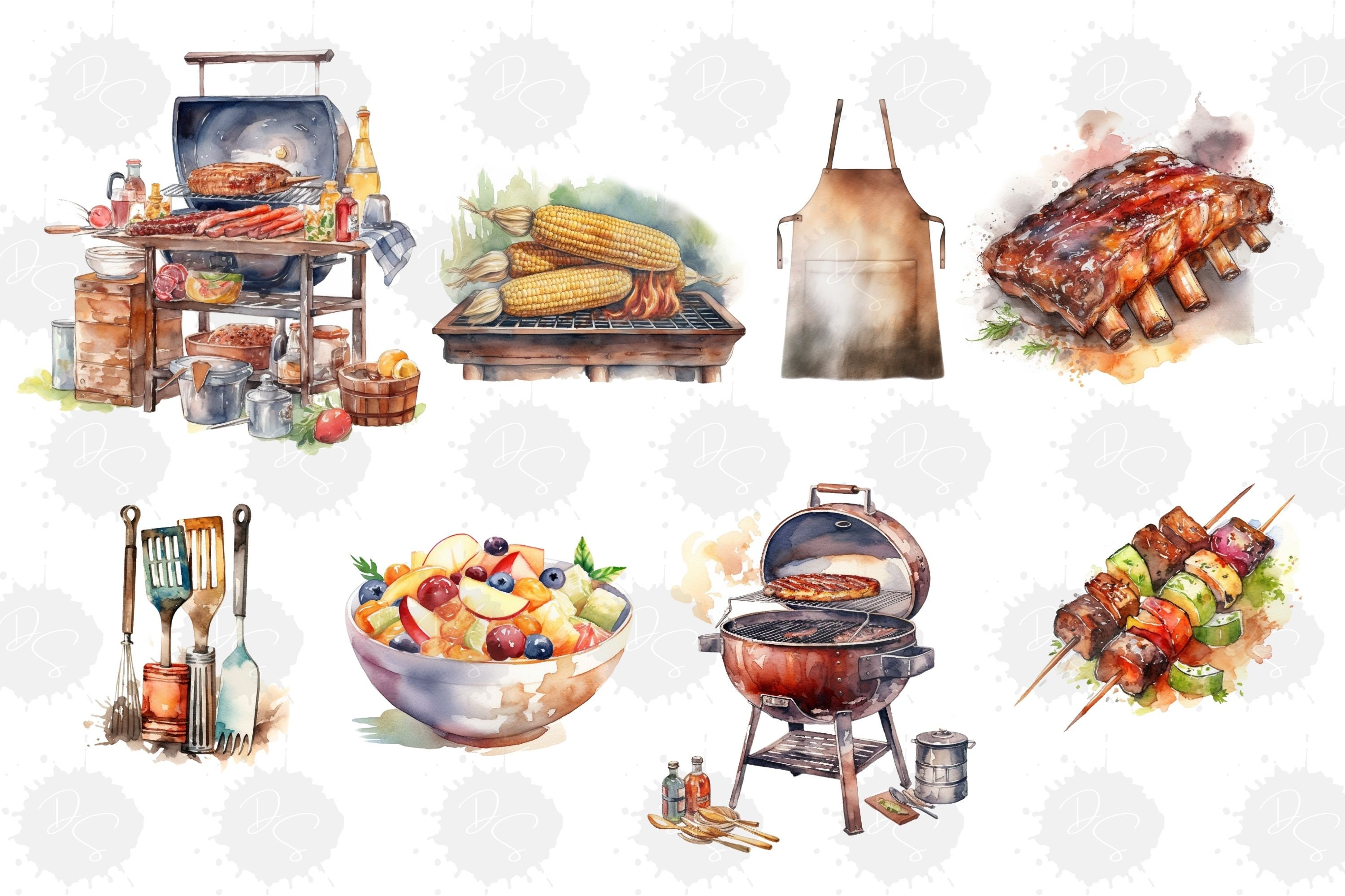 BBQ Clip Art, Barbecue Party, Watercolor BBQ, Grill Clipart, Picnic ...