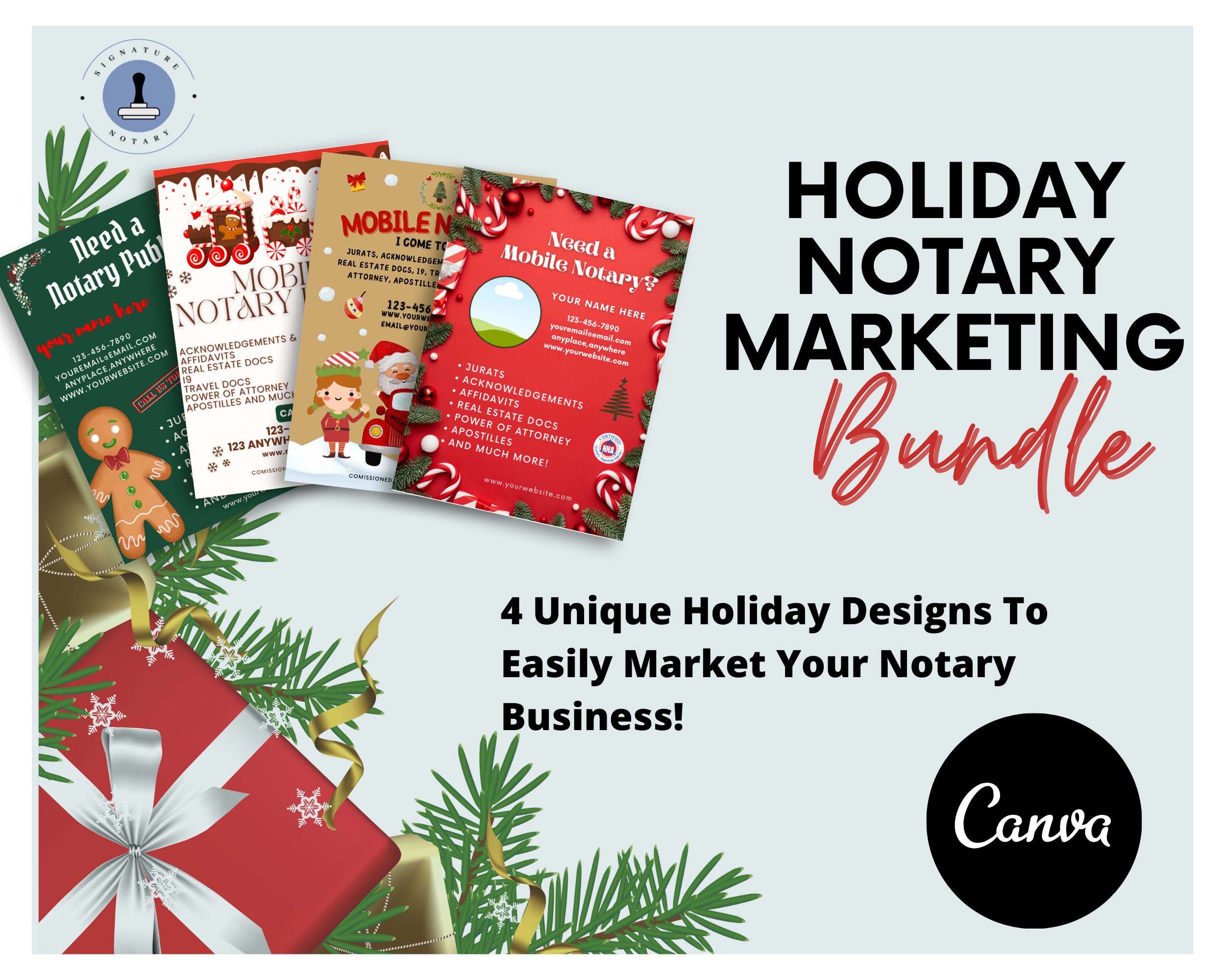 4 Holiday Notary Designs, Notary Public Holiday Flyer, Christmas Notary ...